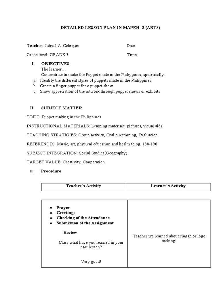 DETAILED LESSON PLAN IN MAPEH FINAL Arts55 | PDF | Puppetry | Puppets