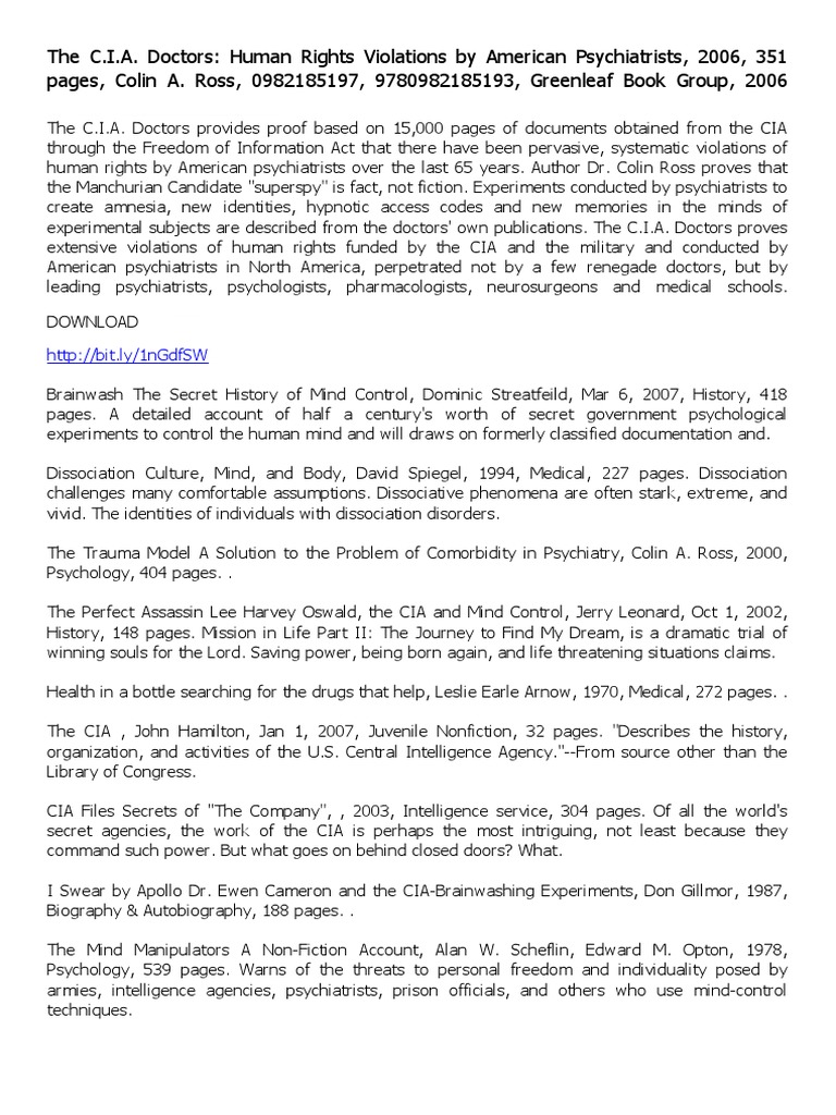 Colin Ross BLUEBIRD MKULTRA The CIA Doctors Human Rights Violations by ...