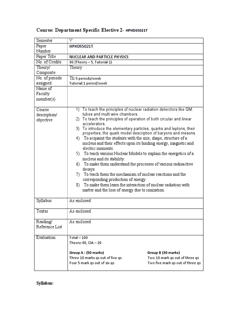 Course: Department Specific Elective 2-: HPHDS5021T Nuclear and ...