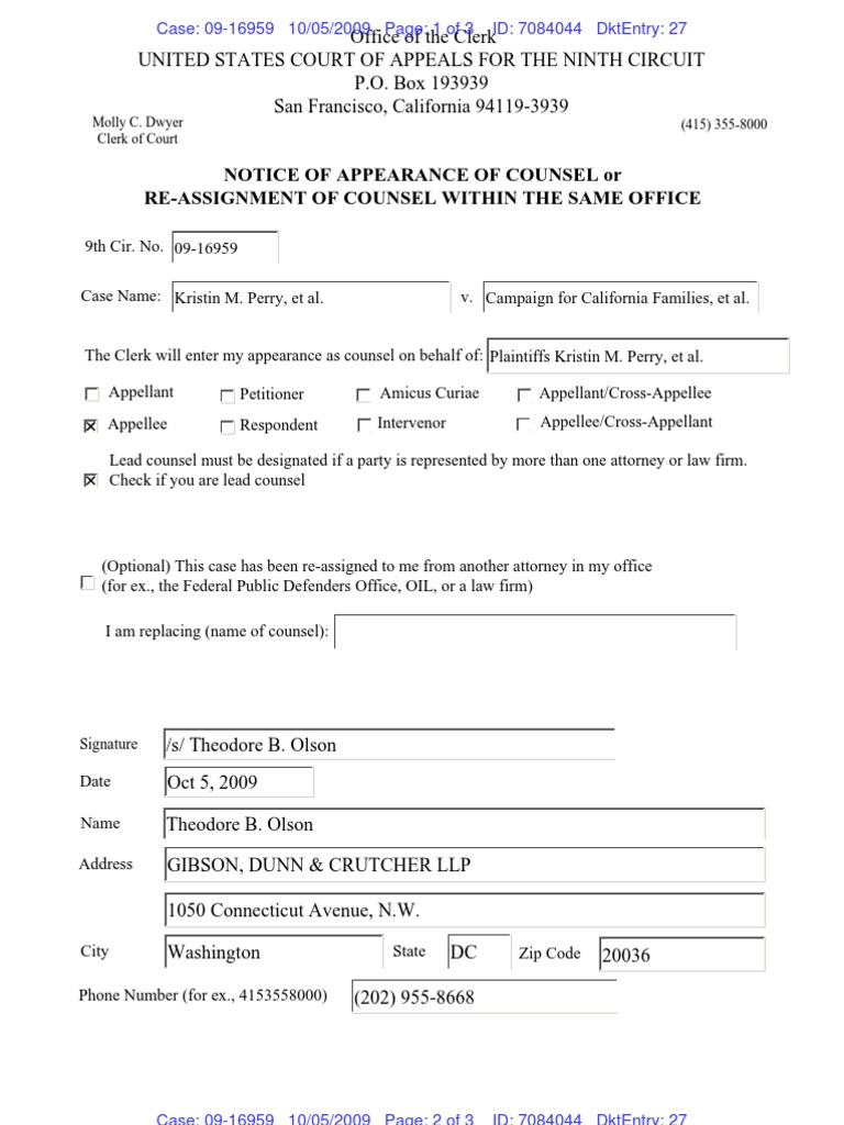 Notice of Appearance of Counsel or Re-Assignment of Counsel Within The ...