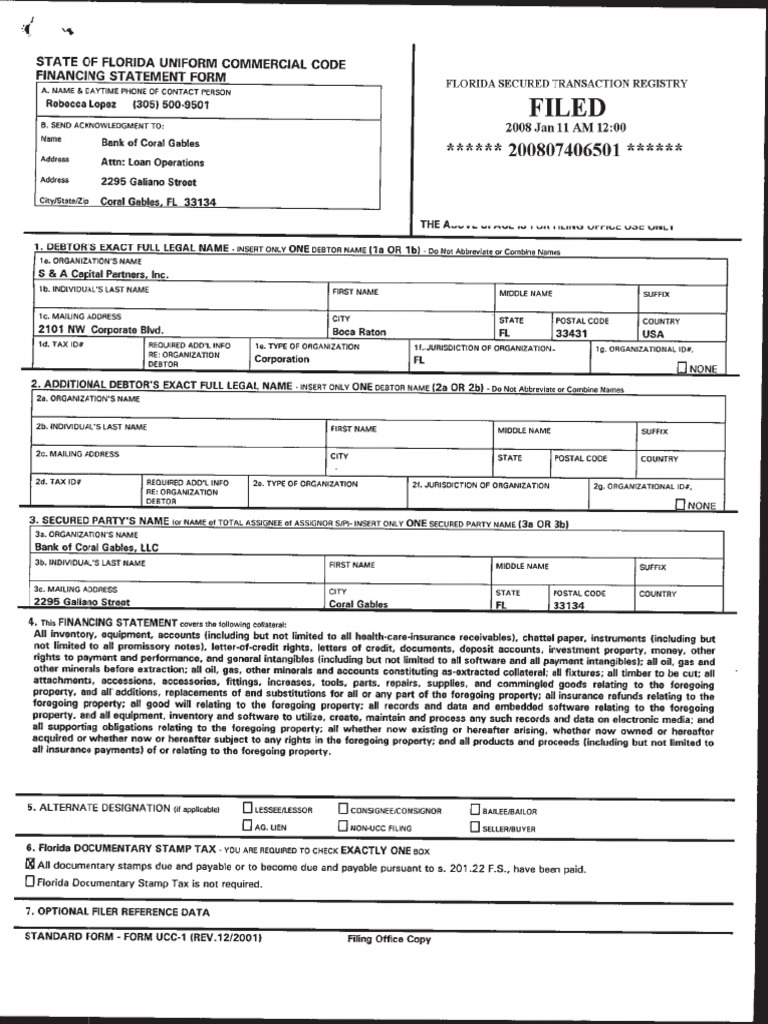 Filed: State of Florida Uniform Commercial Code Financing Statement ...