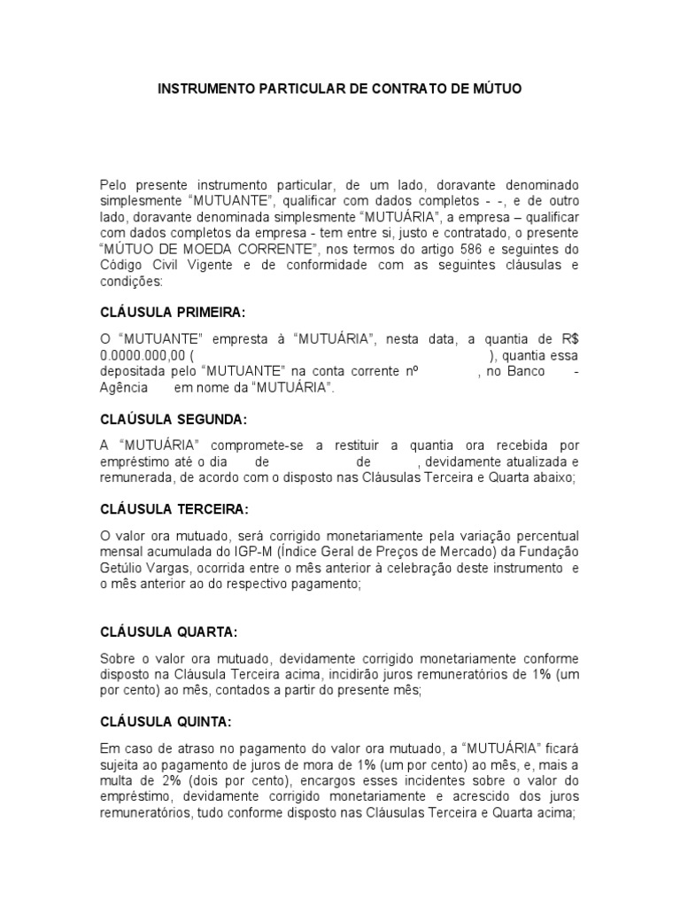 MINUTA DE CONTRATO DE MÚTUO (Padrão) | PDF | Juros | Empréstimos