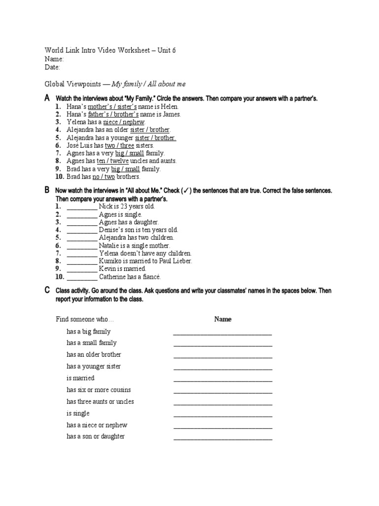Family and Me Worksheet Unit 6 | PDF