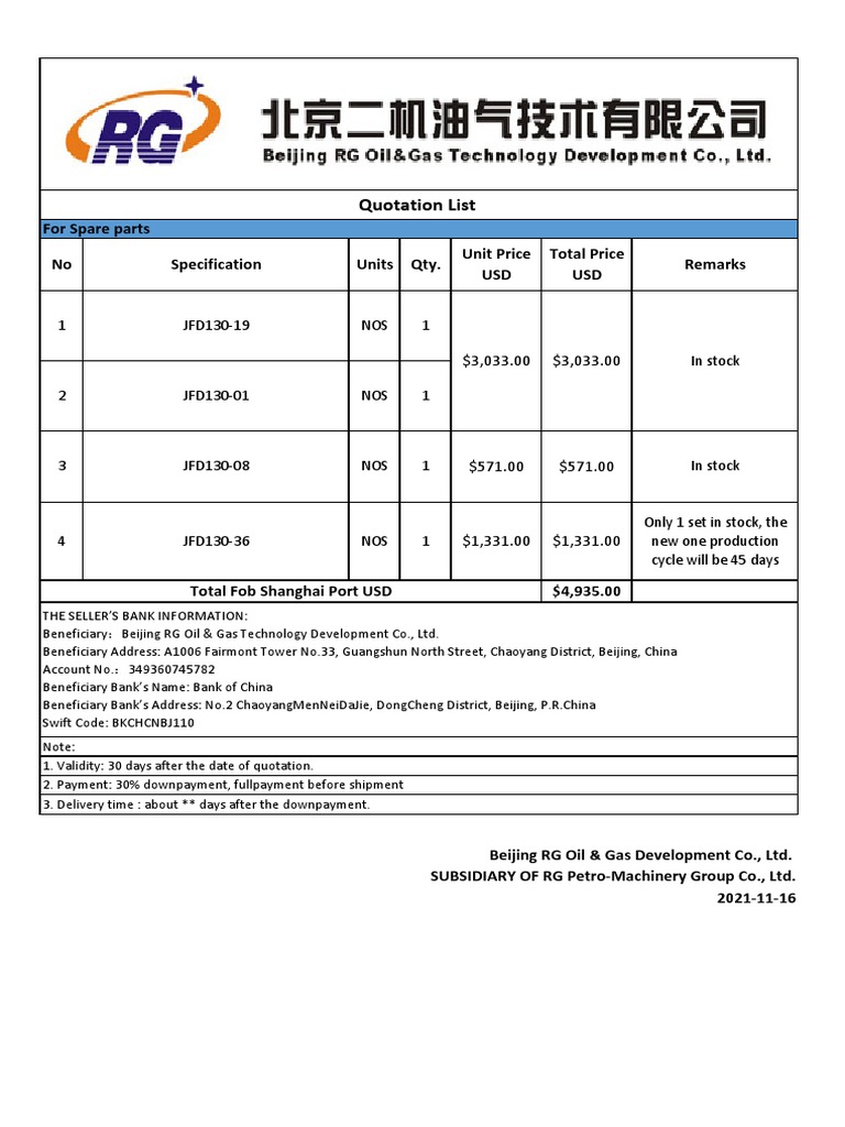 Quotation List: For Spare Parts No Specification Units Qty. Unit Price ...