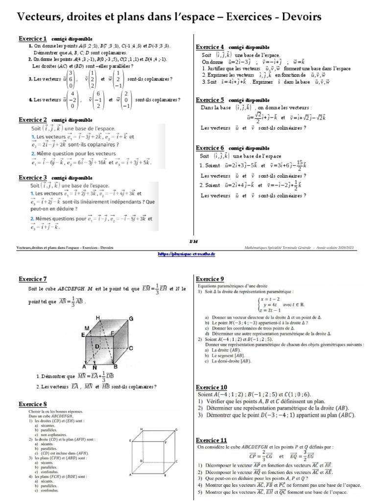 Exercices sur les vecteurs dans l'espace | PDF | Droite (mathématiques ...