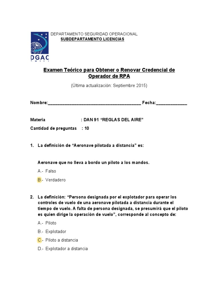 Examen RPA: Reglas del Aire | PDF | Aeronave | Transporte