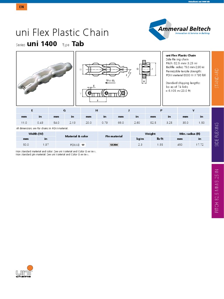 Datasheet Summary: uni 1400 Tab Side Flexing Plastic Chain | PDF ...