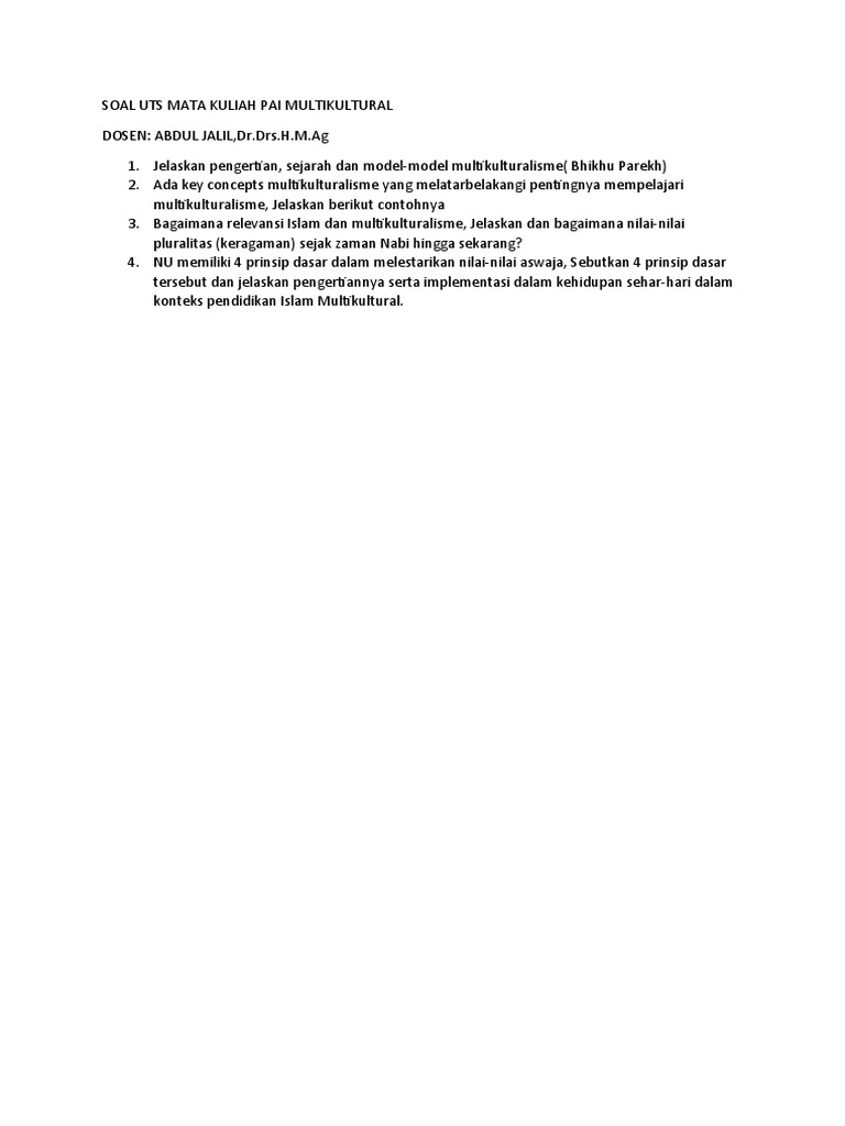 Soal Uts Mata Kuliah Pai Multikultural | PDF