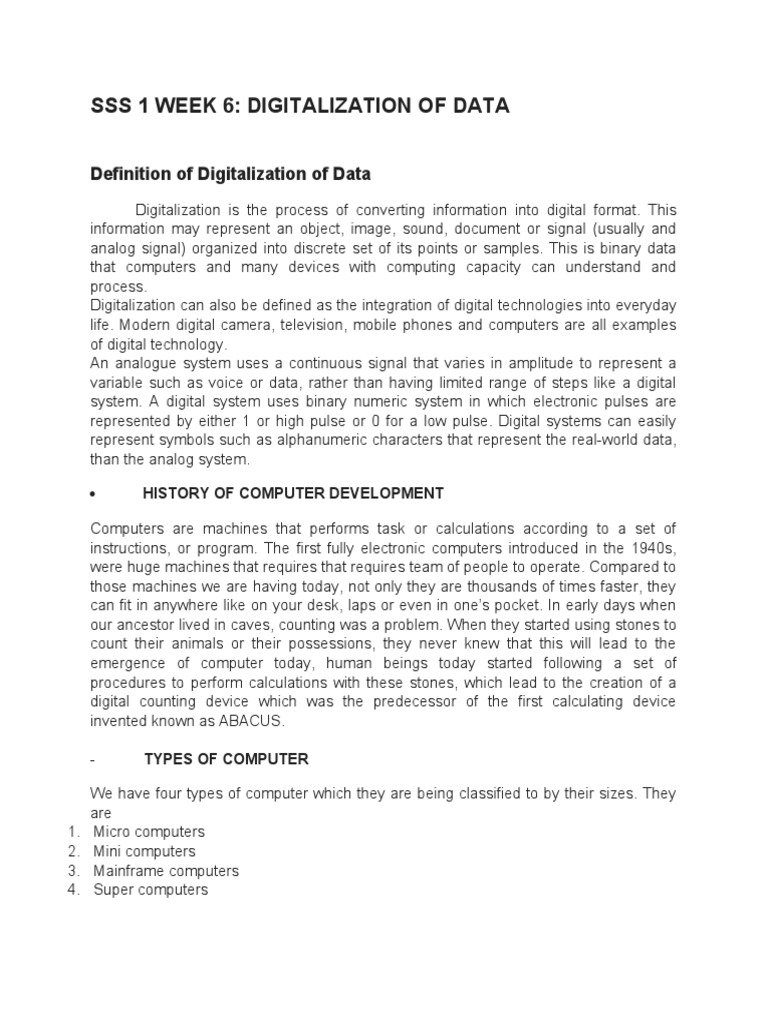 SSS 1 Week 6 Digitalization of Data | PDF | Central Processing Unit ...