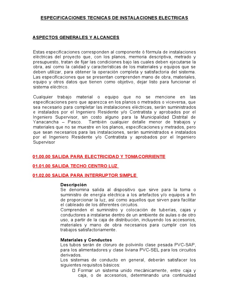Especificaciones Tecnicas de Instalaciones Electricas | PDF | Cableado eléctrico | Tubería ...