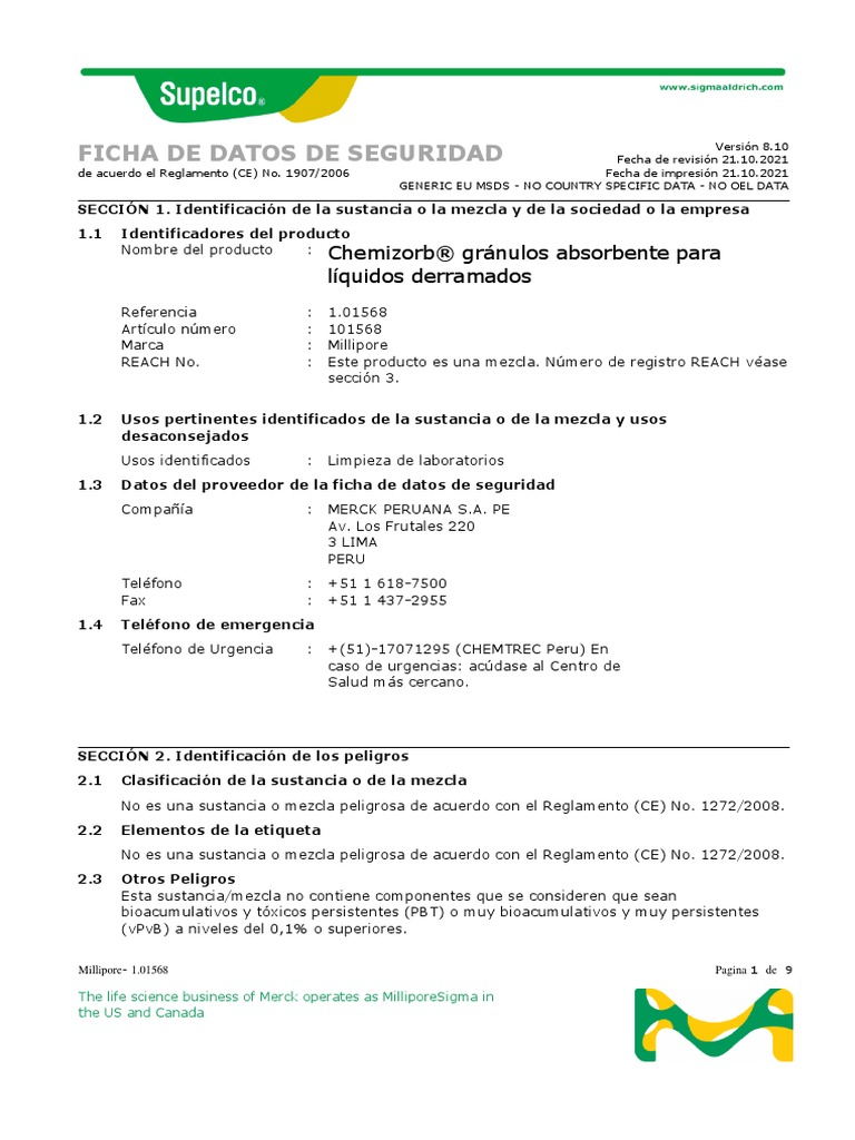 Chemizorb® Gránulos Absorbente | PDF | Toxicidad | Agua