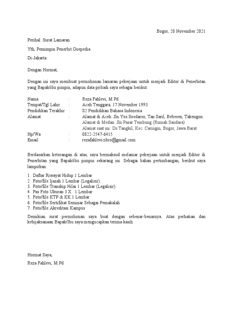 Lamaran Editor Guepedia Reza Fahlevi | PDF