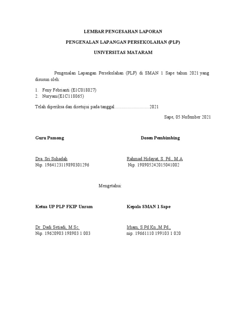 LEMBAR PENGESAHAN LAPORAN PLP 1 | PDF