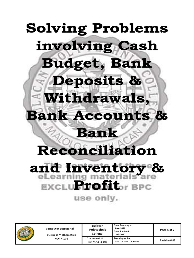 INFO SHEET 3 - Solving Problems Involving Cash Budget, Bank Deposits ...