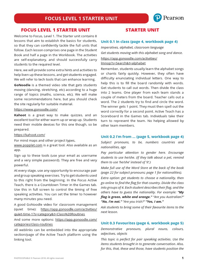 Focus Level 1 Starter Unit Starter Unit | PDF | Teachers | Adjective