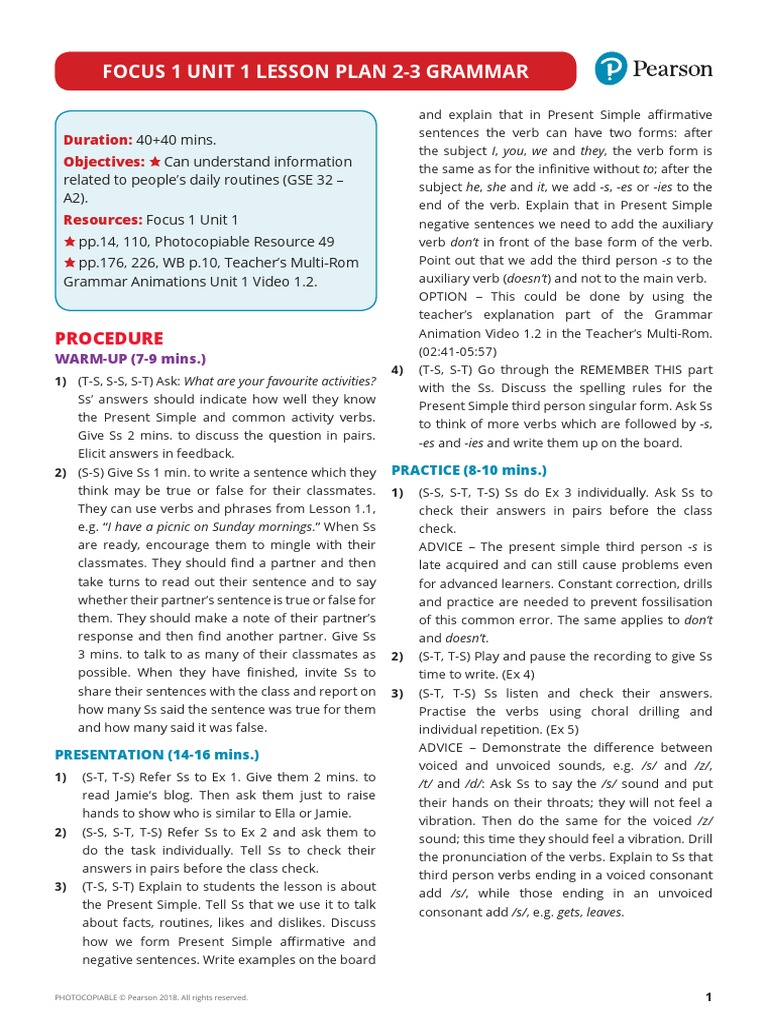 Focus 1 Unit 1 Lesson Plan 2-3 Grammar: Procedure | PDF | Verb | Learning
