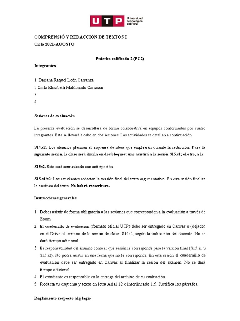 S14.s2 y S15 Práctica Calificada 2 (Formato Oficial UTP) 2021-Agosto | PDF | Igualdad de género ...
