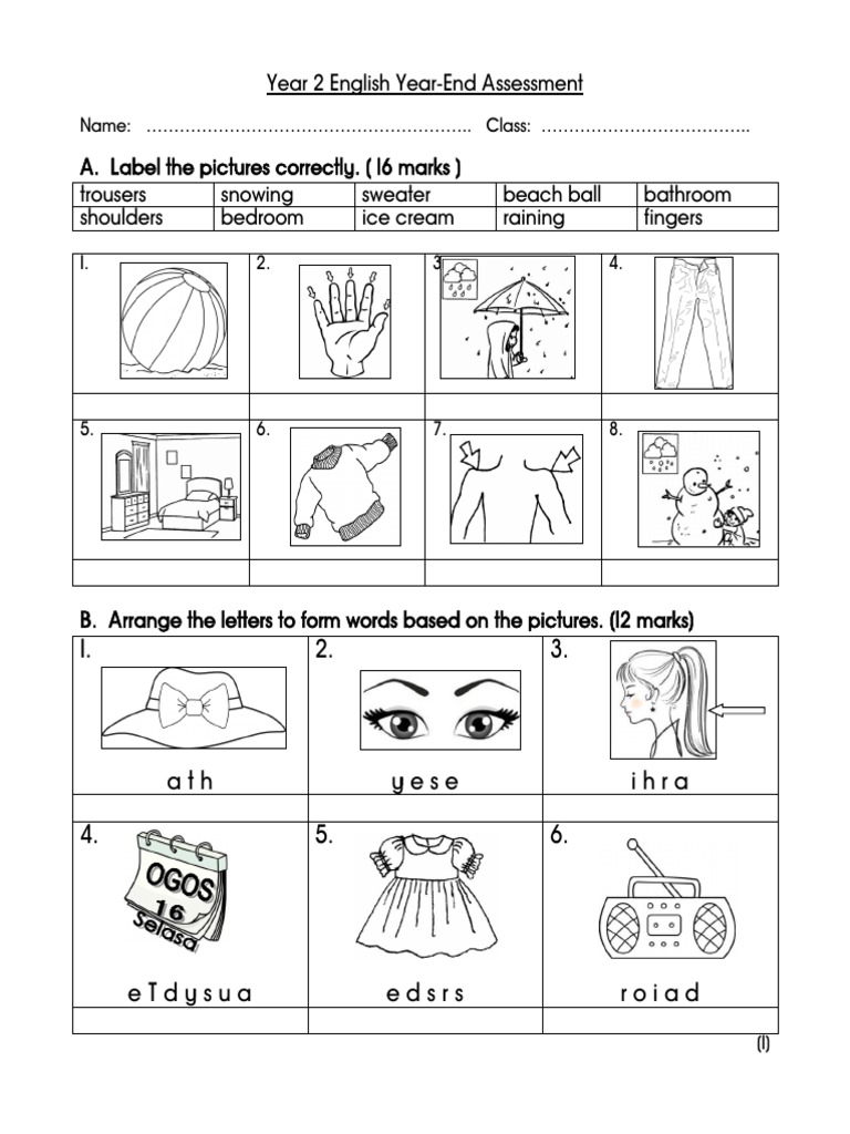Year 2 English Year-End Assessment: Name: .. Class: . | PDF