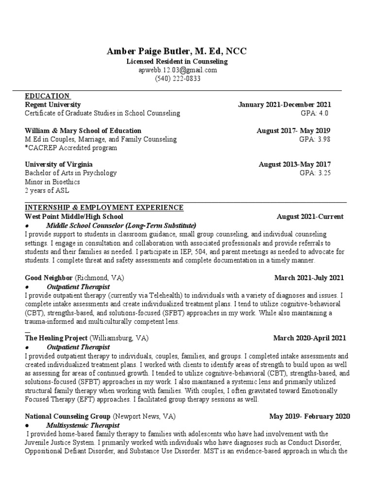 Butler Amber Current Resume | PDF | Psychotherapy | Family Therapy