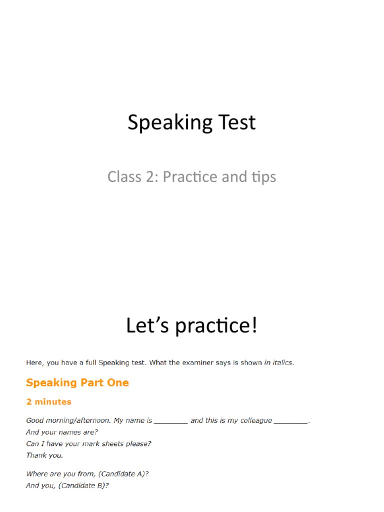 Speaking Test: Class 2: Practice and Tips | PDF | Test (Assessment ...