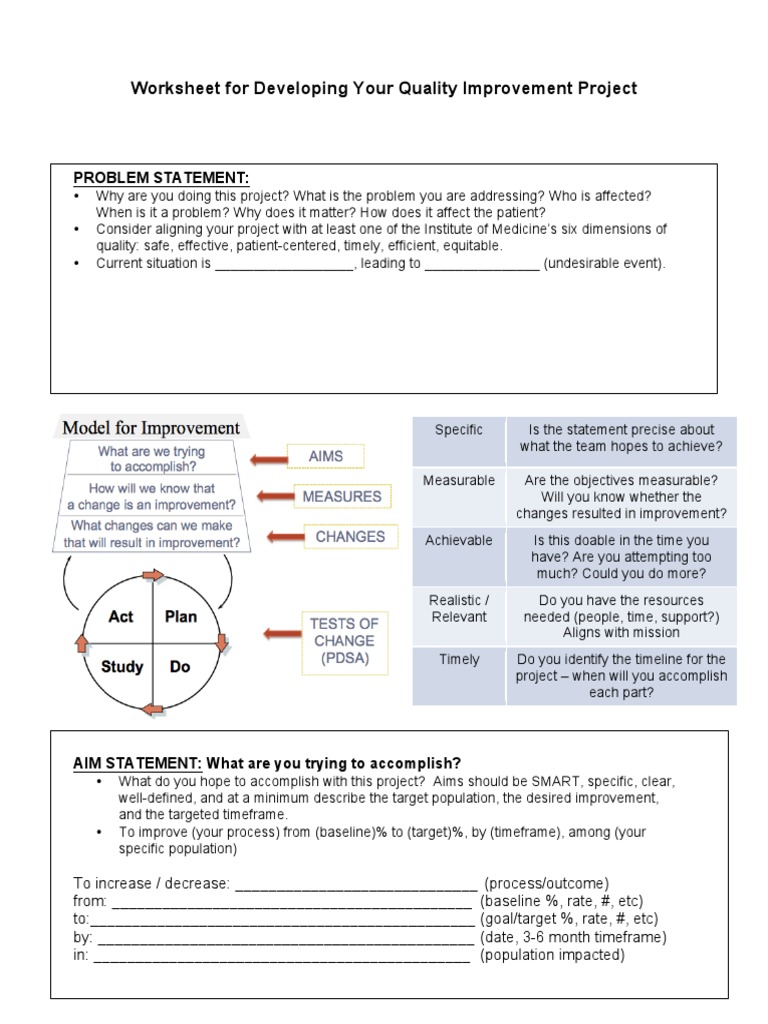 Worksheet For Developing Your Quality Improvement Project: Problem ...