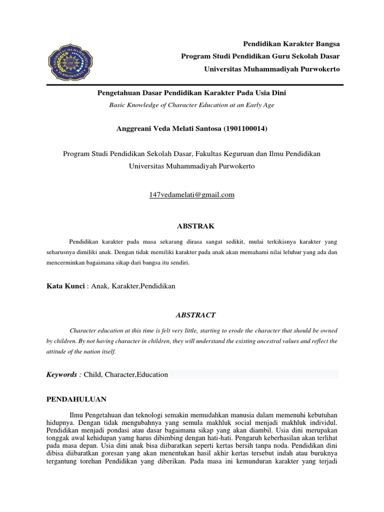 Anggreani Veda Melati Santosa - 1901100014 - Pengetahuan Dasar Pendidikan Karakter Pada Usia ...