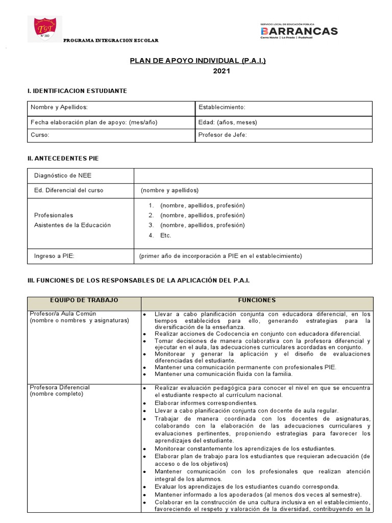 Plan de Apoyo Individual para PIE 2021 | PDF | Maestros | Evaluación