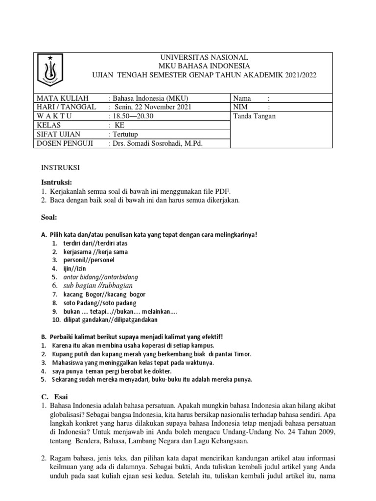 Uts Bi Keperawatan Aditya Putra Pratama Kelas e Semester 1 | PDF | Karier & Perkembangan | Seni ...