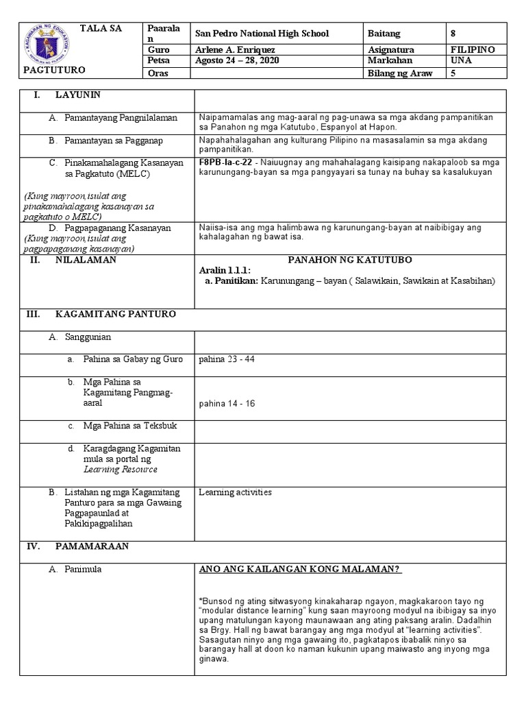 Filipino-8 MELC 1 EXEMPLAR | PDF