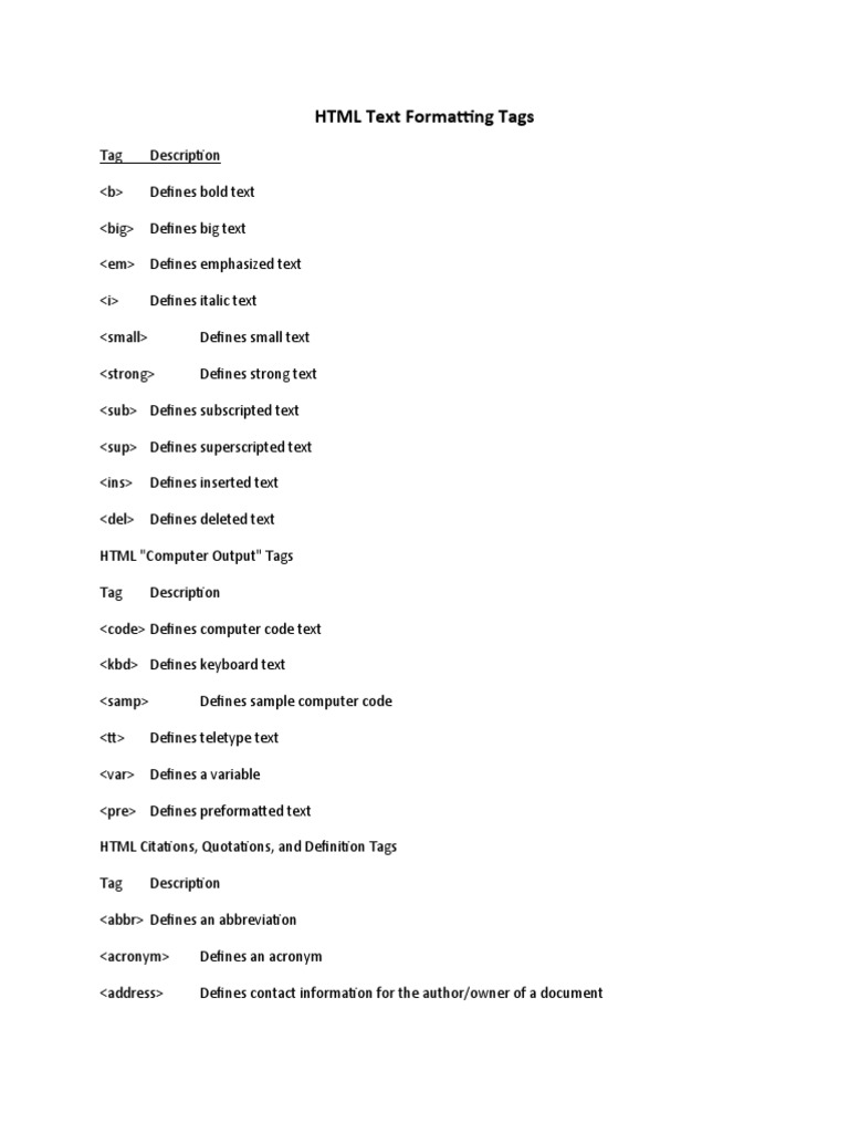 Html Text Formatting Tags Pdf