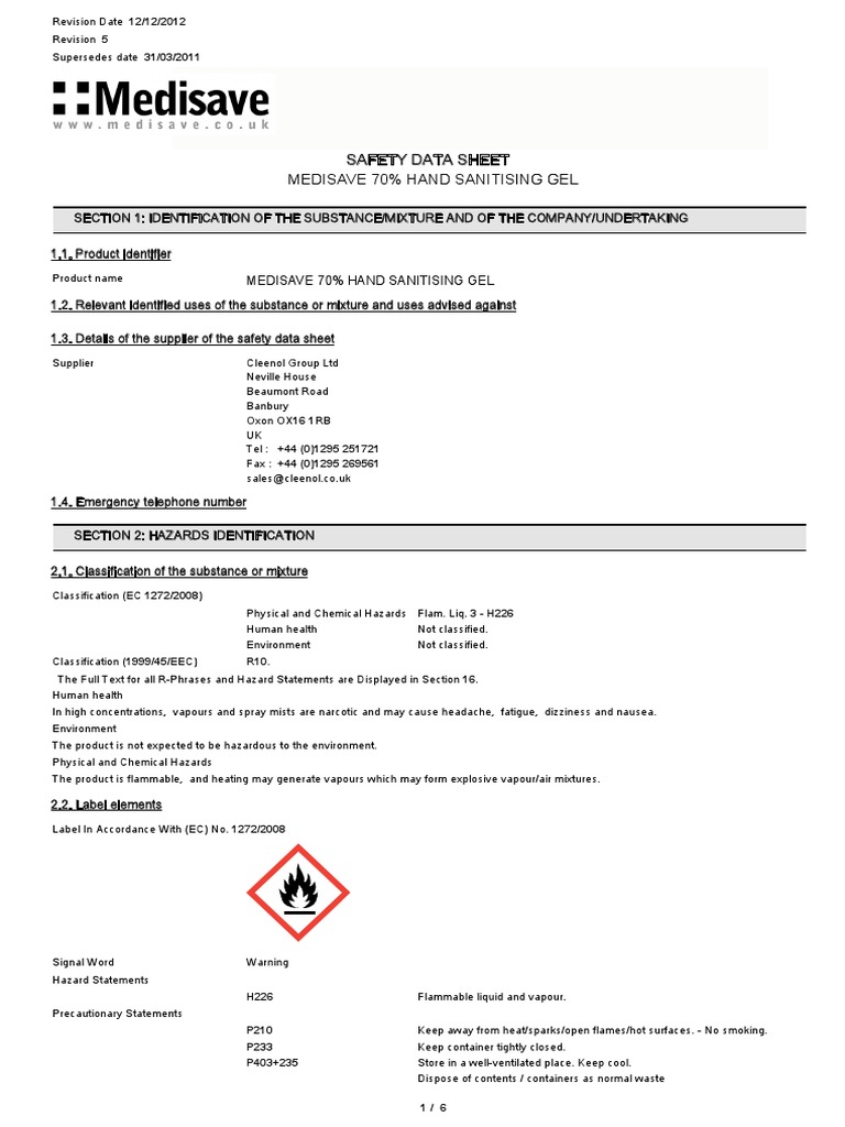 Safety Data Sheet Cleenol 70% Hand Sanitizing Gel Medisave 70% Hand ...
