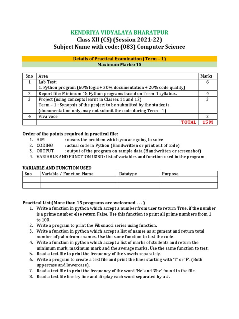 Class XII (CS) (Session 2021-22) Subject Name With Code: (083) Computer ...