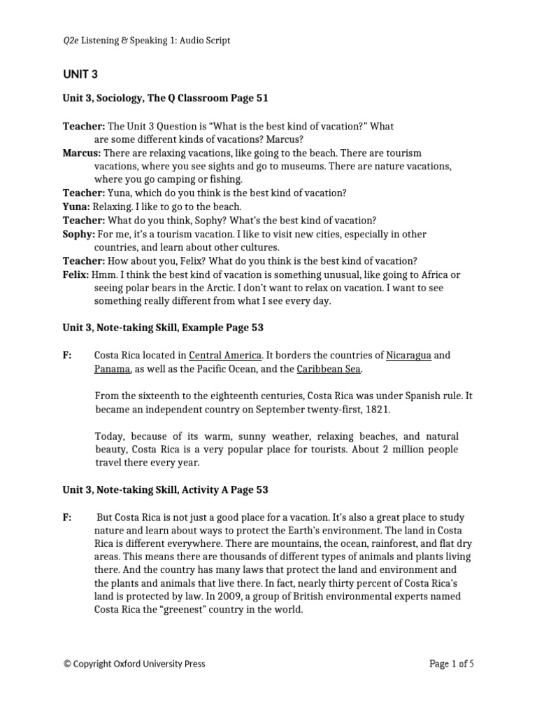 Unit 3: Q2e Listening & Speaking 1: Audio Script | PDF | Tourism ...