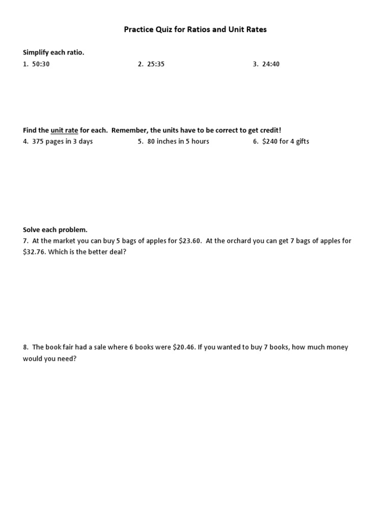 Ratios and Unit Rates Practice Quiz | PDF