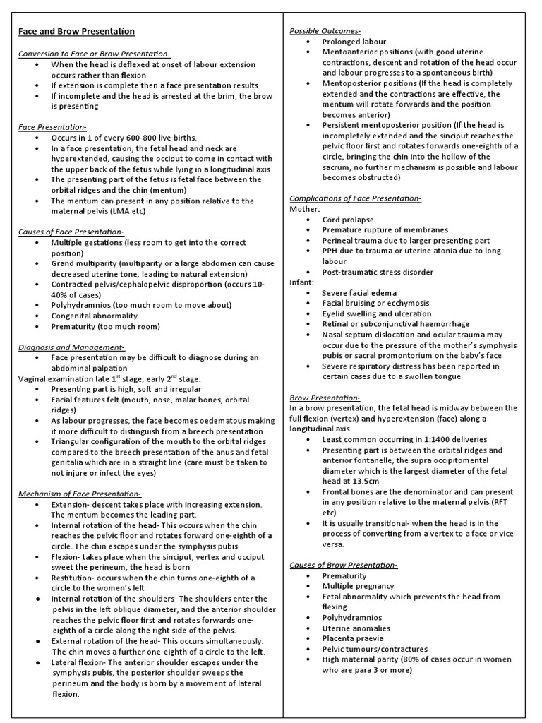 Face and Brow Presentation Summary Page | PDF | Childbirth | Pelvis