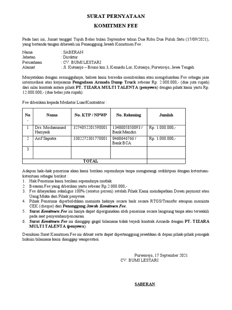 SURAT PERNYATAAN Fee | PDF