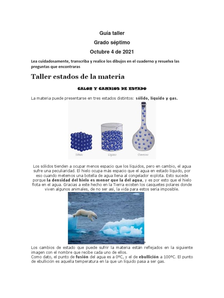 Guía Taller Estados de La Materia Grado Septimo Octubre 3 de 2021 | PDF ...