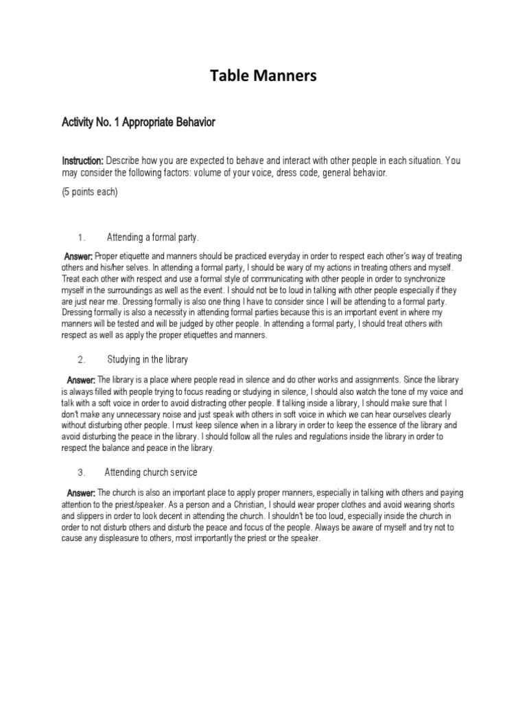 Table Manners: Activity No. 1 Appropriate Behavior | PDF | Etiquette ...