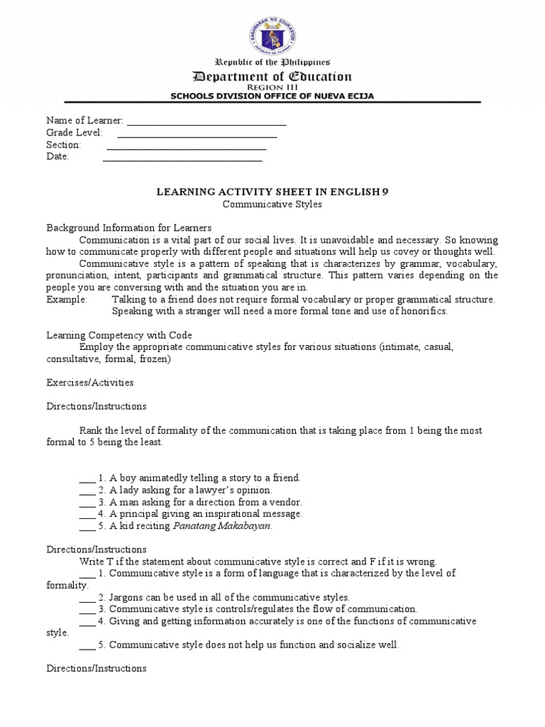 Learning Activity Sheet in English 9 | PDF | Learning | Vocabulary