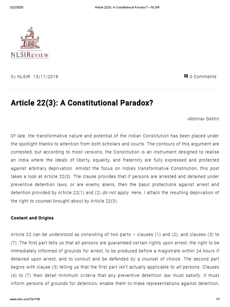 Article 22 (3) - A Constitutional Paradox - NLSIR | PDF | Right To ...