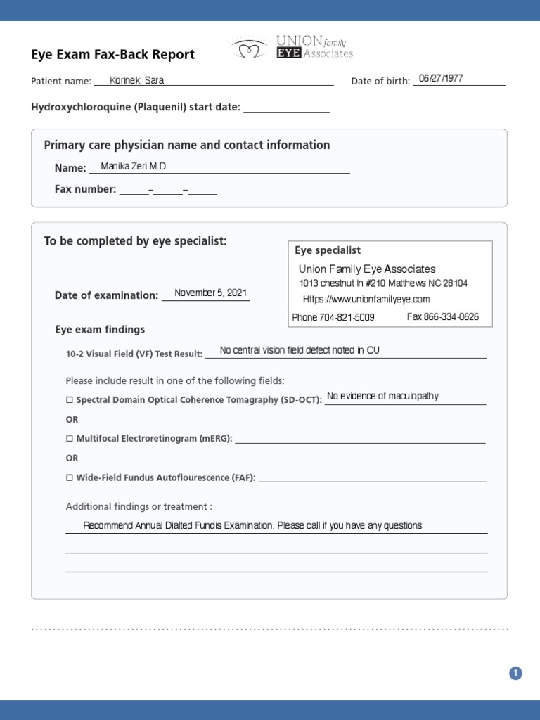 Eye Exam Fax-Back Report for Hydroxychloroquine | PDF