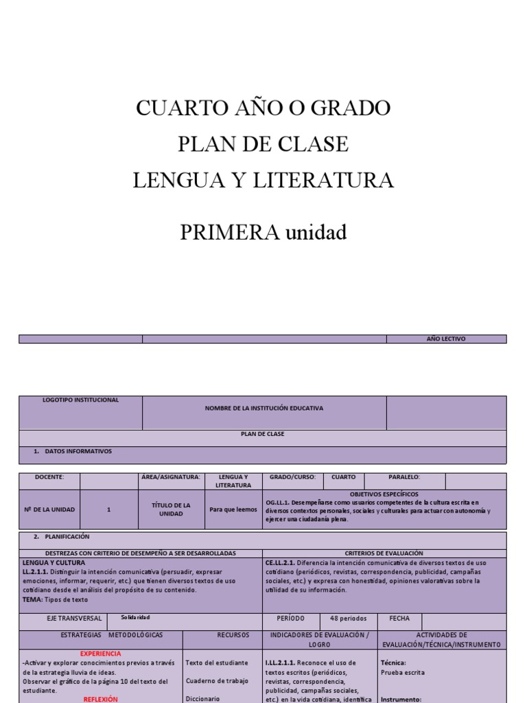 Plan Clase LL - TT | PDF | Dislexia | Evaluación