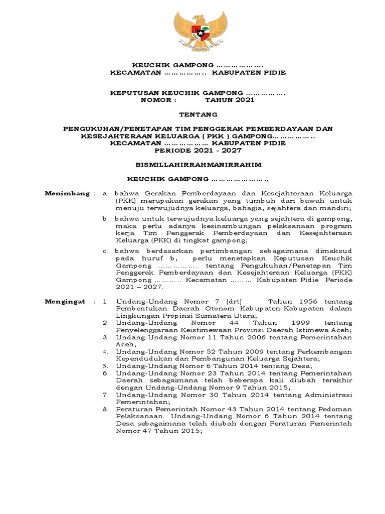 Draf SK Pengurus PKK Gampong 2021 Perbaikan | PDF