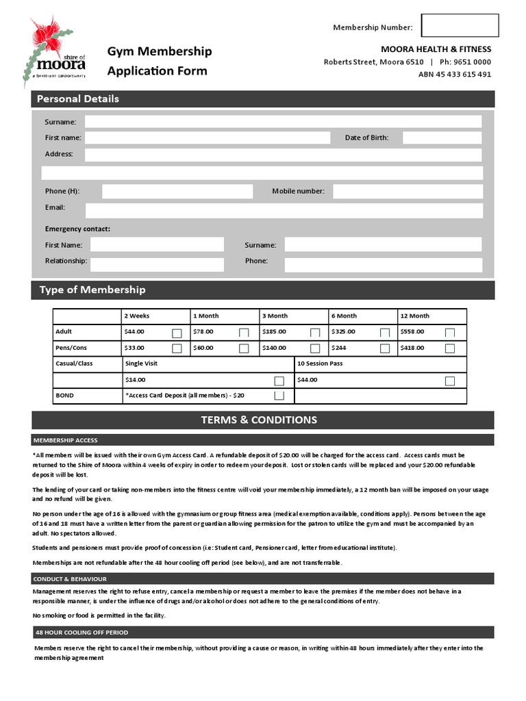 Gym Membership Application Form: Personal Details | PDF | Indemnity ...