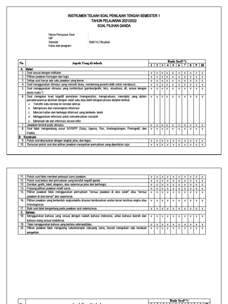 Format Instrumen Telaah Soal | PDF