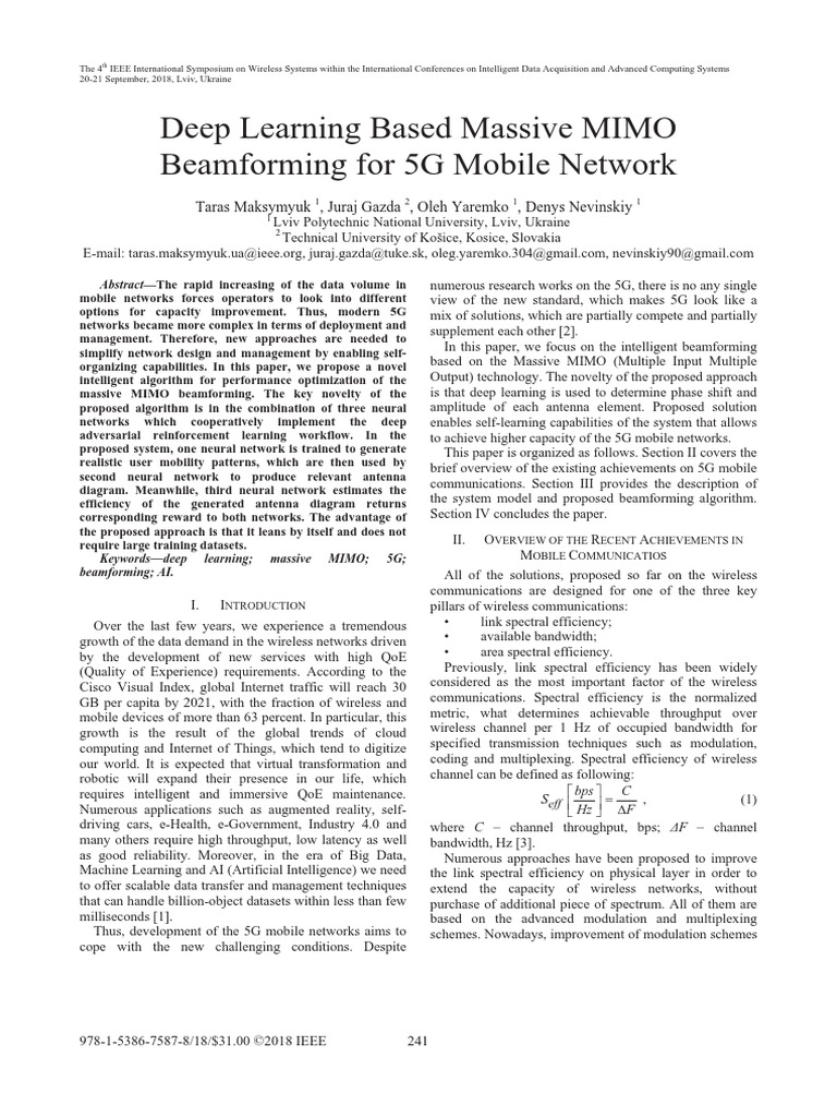 Deep Learning Based Massive MIMO Beamforming For 5G Mobile Network | PDF | Mimo | Computer Network