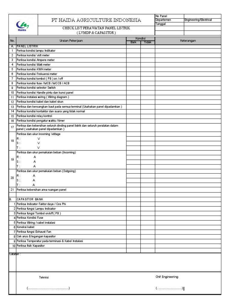 Check List Perawatan Panel Listrik Haida | PDF