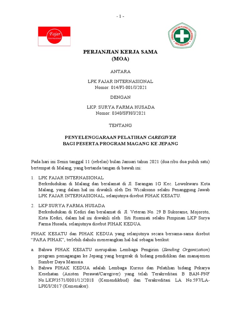 Mou Pelatihan Caregiver LKP Fajar Dan SFH | PDF