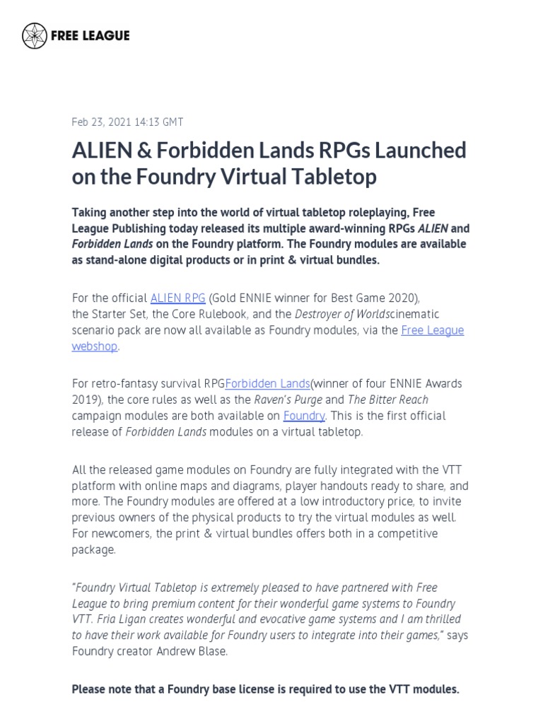 ALIEN & Forbidden Lands RPGs Launched On The Foundry Virtual Tabletop ...