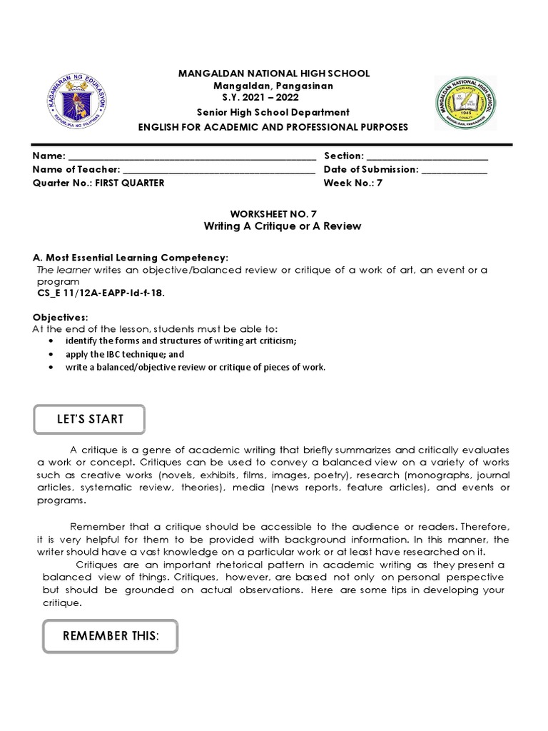 Eapp Week 7 Writing A Critique Paper | PDF | Evaluation | Discourse